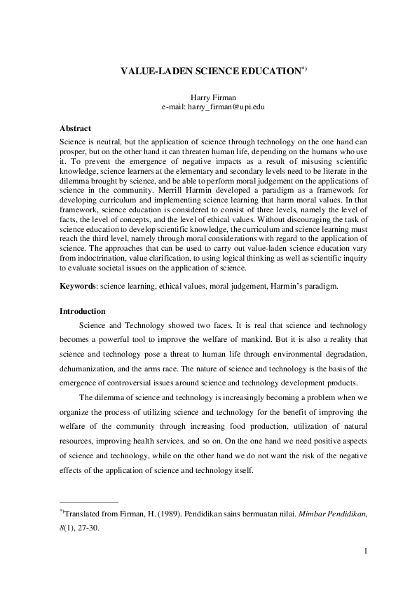 (PDF) VALUE-LADEN SCIENCE EDUCATION
