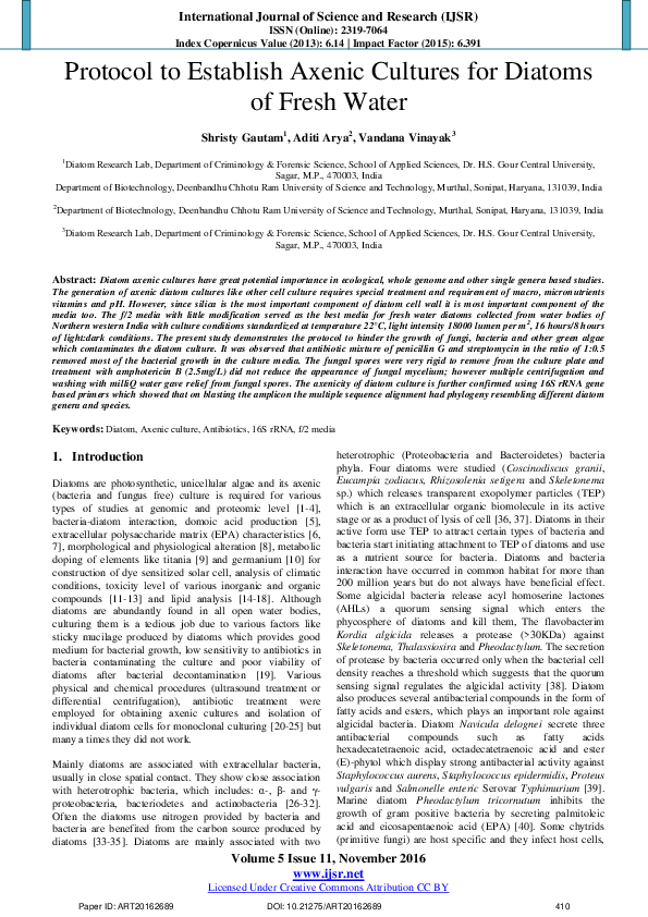 (PDF) Protocol to Establish Axenic Cultures for Diatoms of Fresh Water