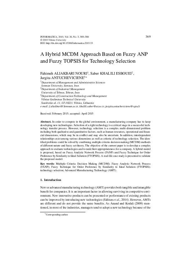 (PDF) A Hybrid MCDM Approach Based on Fuzzy ANP and Fuzzy TOPSIS for Technology Selection