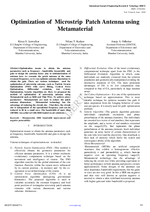 (PDF) Optimization of Microstrip Patch Antenna using Metamaterial | Anuja Odhekar - Academia.edu