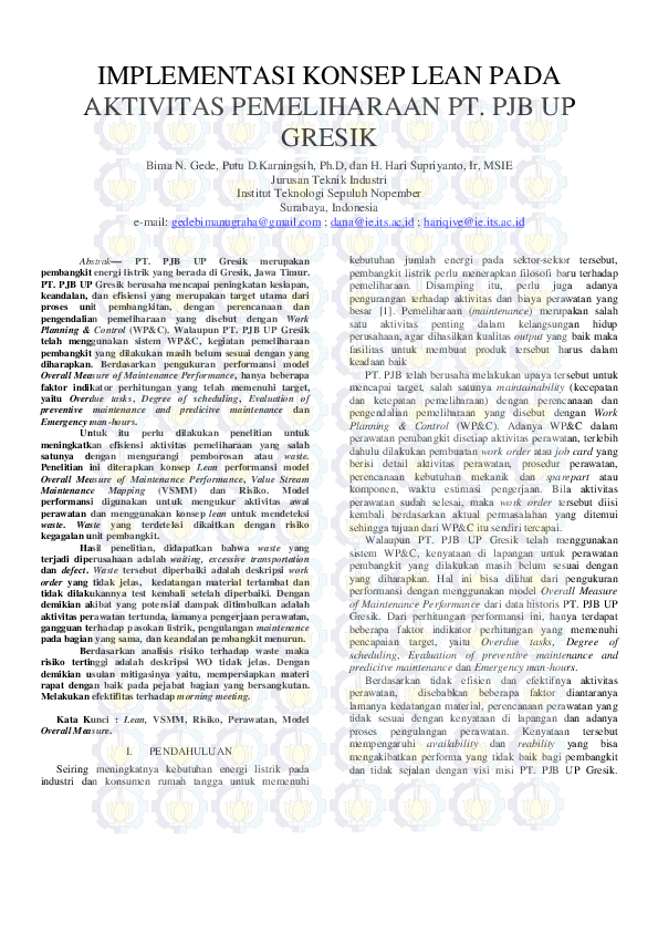 (PDF) Implementasi Konsep Lean Pada Aktivitas Pemeliharaan Pt. PJB Up ...