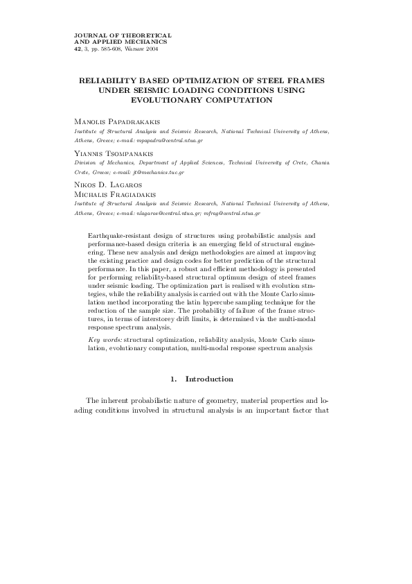 Pdf Reliability Based Optimization Of Steel Frames Under Seismic Loading Conditions Using