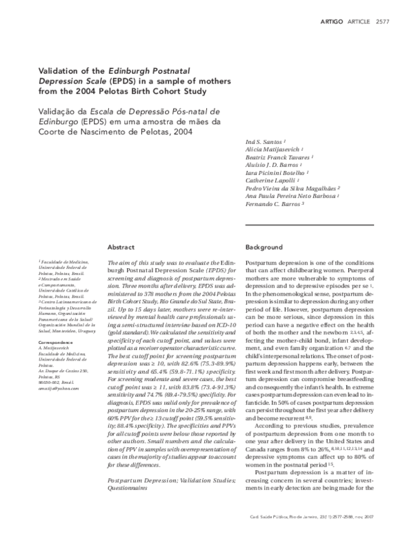 (PDF) Validation of the Edinburgh postnatal depression scale (EPDS) for ...