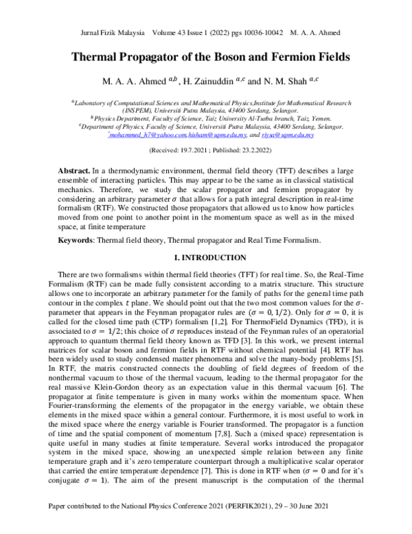 (PDF) Thermal Propagator of the Boson and Fermion Fields | M.A.A. AHMED ...