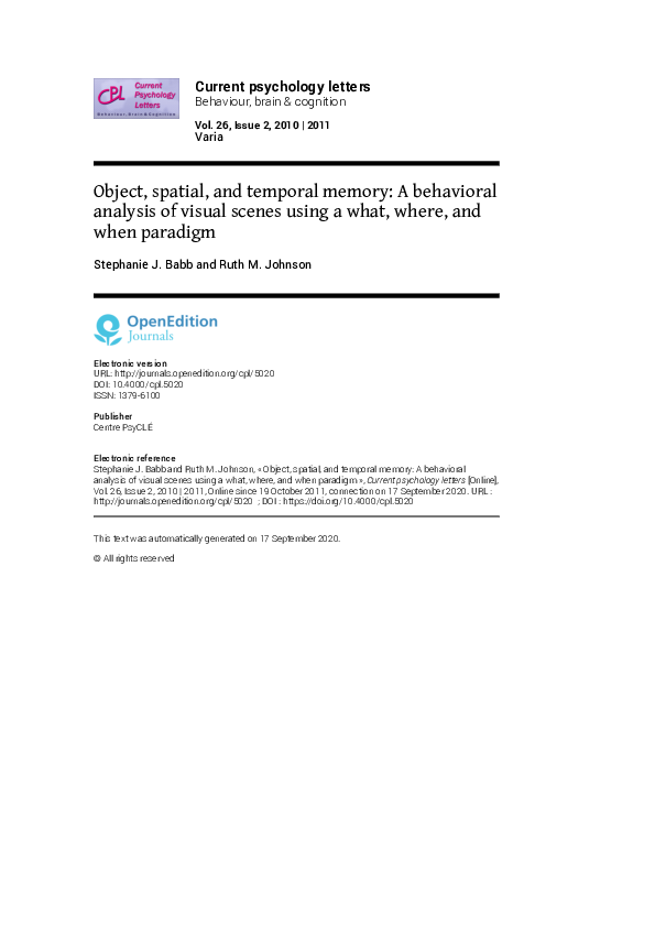 (PDF) Object, spatial, and temporal memory: A behavioral analysis of ...