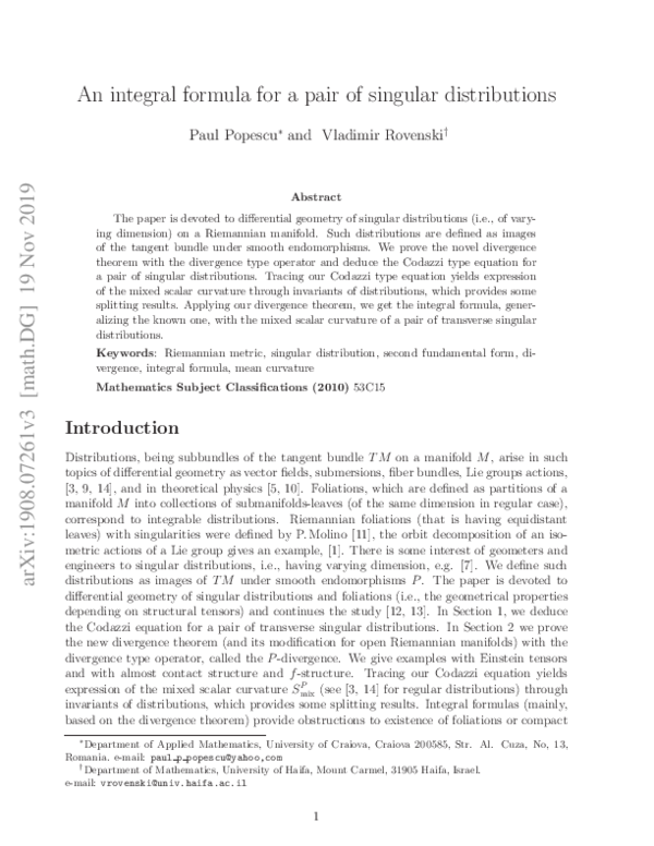 (PDF) An integral formula for a pair of singular distributions