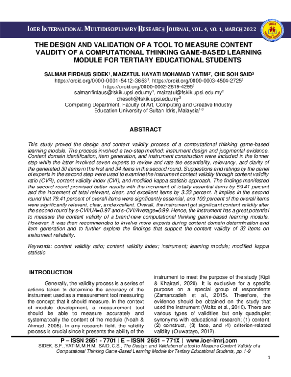 (PDF) THE DESIGN AND VALIDATION OF A TOOL TO MEASURE CONTENT VALIDITY ...