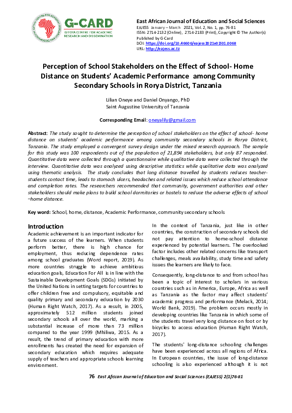 (PDF) Perception of School Stakeholders on the Effect of School- Home ...