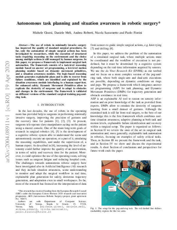 Pdf Autonomous Task Planning And Situation Awareness In Robotic Surgery 0313
