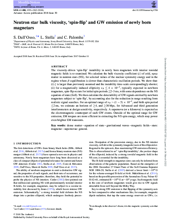 (PDF) Neutron star bulk viscosity, ‘spin-flip’ and GW emission of newly ...