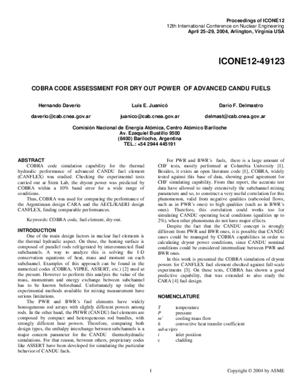 (PDF) ICONE12-49123 Cobra Code Assessment for Dry Out Power of Advanced ...