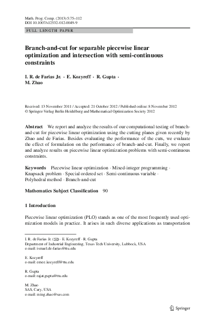 (PDF) Branch-and-cut for separable piecewise linear optimization and intersection with semi ...