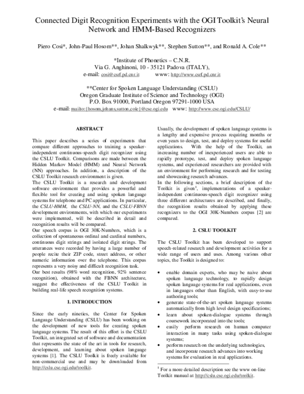 (PDF) Connected Digit Recognition Experiments with the OGI Toolkit's Neural Network and HMM ...