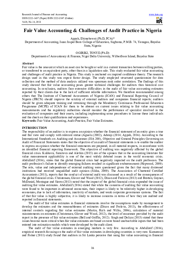 Pdf Fair Value Accounting And Challenges Of Audit Practice In Nigeria