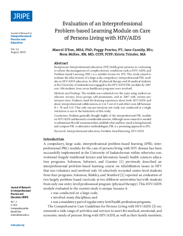 (PDF) Evaluation of an interprofessional problem-based learning module on care of persons living ...