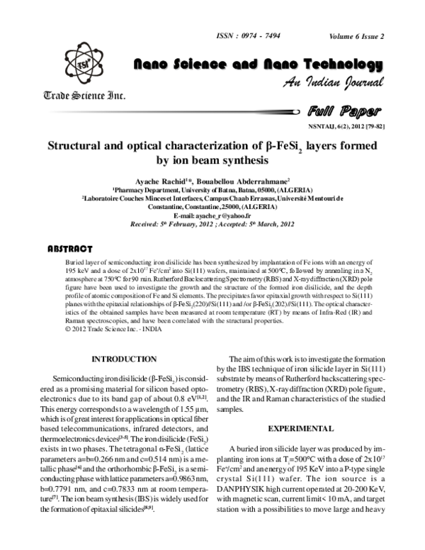 Pdf Full Paper Structural And Optical Characterization Of â Fesi 2 Layers Formed By Ion Beam