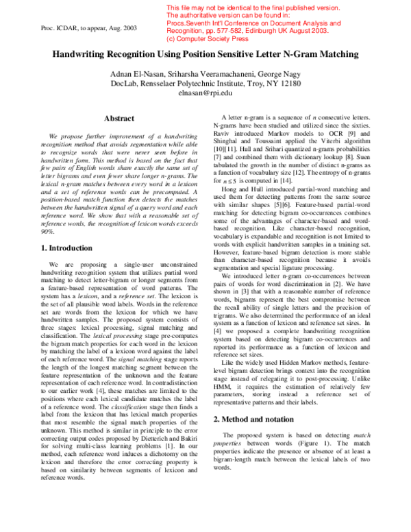 (PDF) Handwriting recognition using position sensitive letter n-gram ...