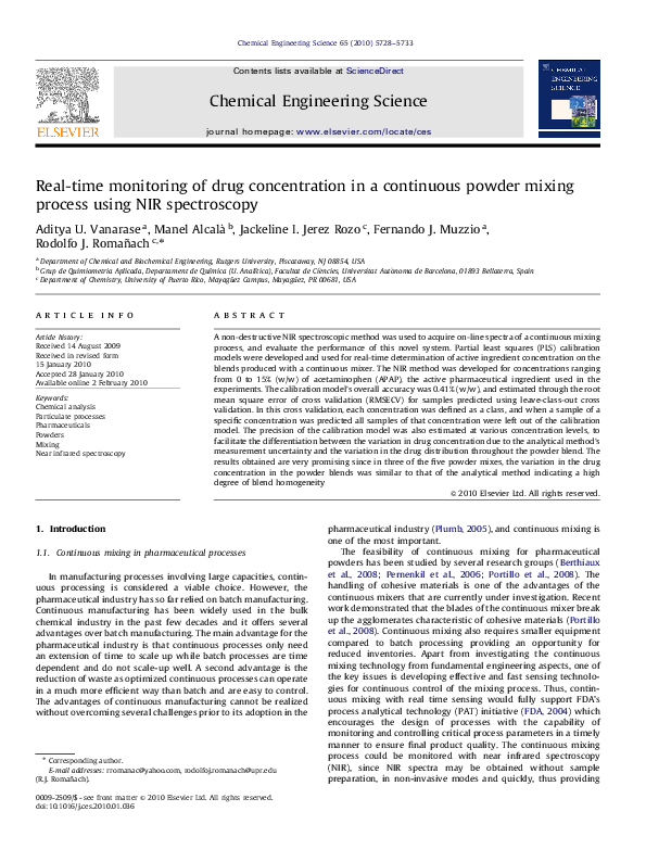 (PDF) Real-time monitoring of drug concentration in a continuous powder mixing process using NIR ...
