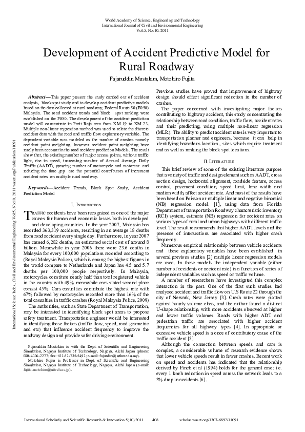 (PDF) Development of Accident Predictive Model for Rural Roadway