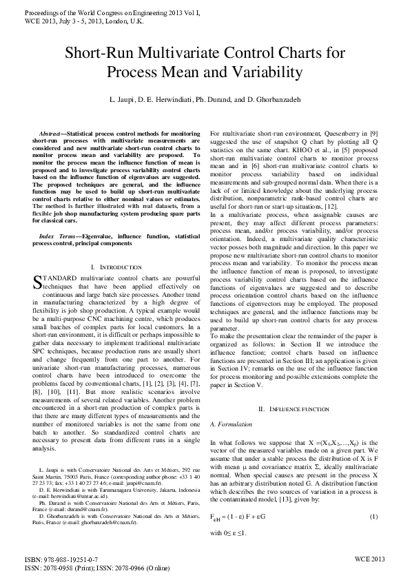 (PDF) Short Run Multivariate Control Charts for Process Mean and Variability