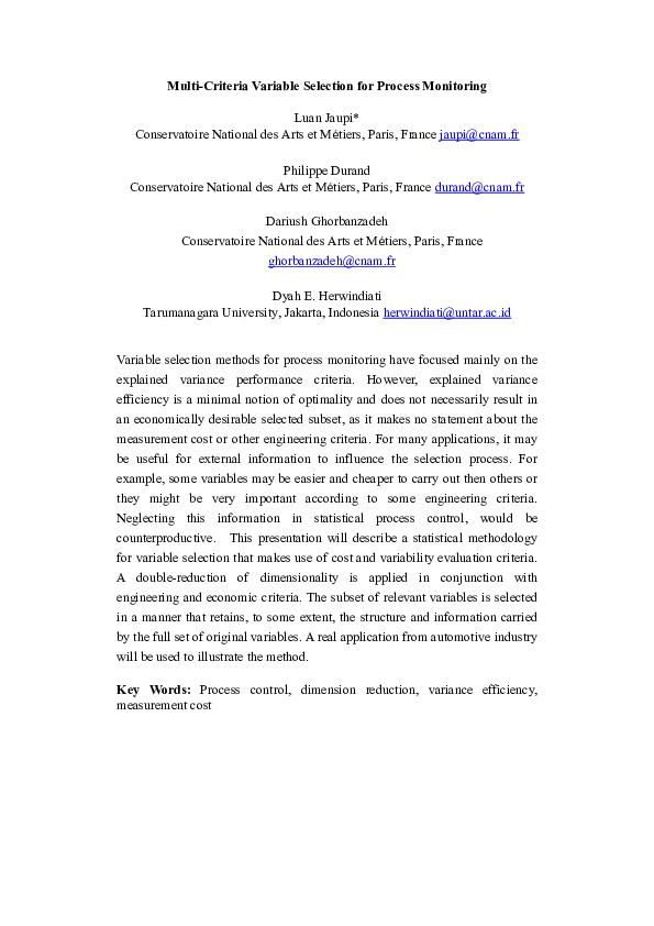 (PDF) Multi-Criteria Variable Selection for Process Monitoring | Dyah Erny Herwindiati ...