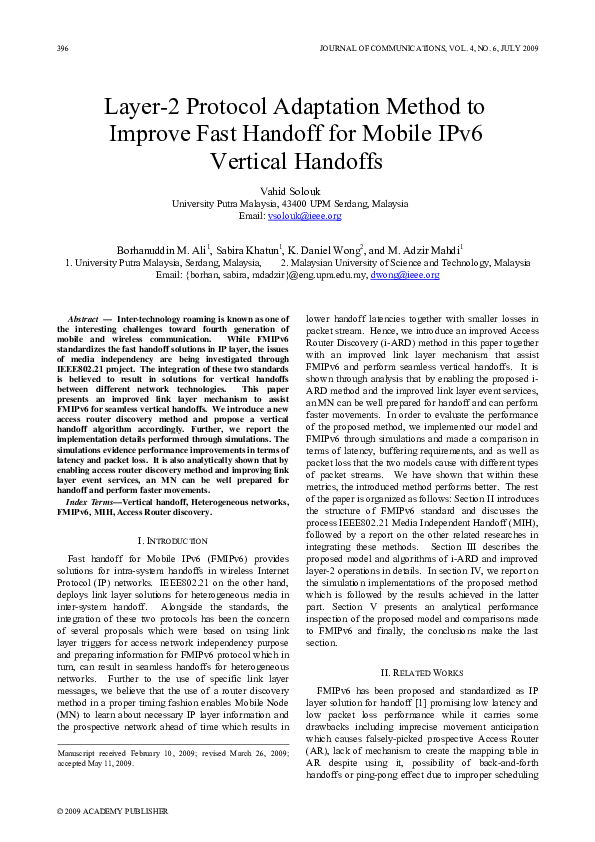 (PDF) Layer-2 Protocol Adaptation Method to Improve Fast Handoff for Mobile IPv6 Vertical Handoffs