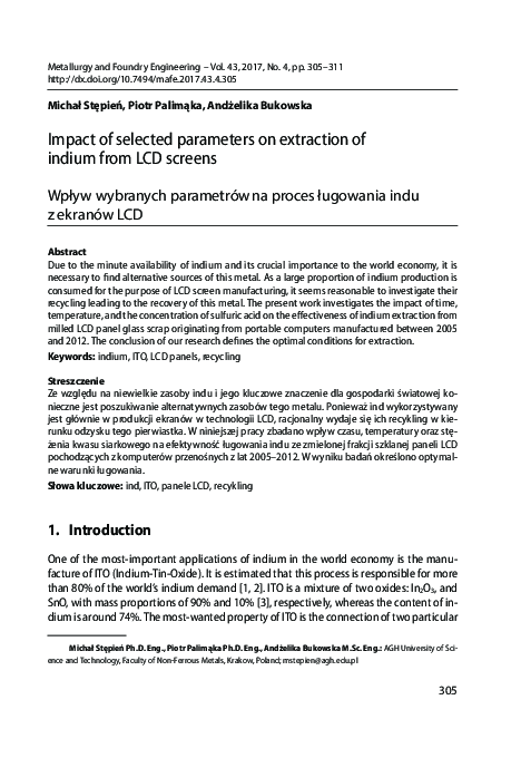 (PDF) Impact of Selected Parameters on Extraction of Indium from LCD ...