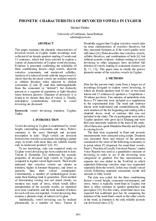 (PDF) Phonetic Characteristics of Devoiced Vowels in Uyghur