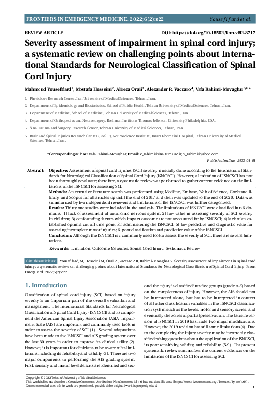 (PDF) Severity assessment of impairment in spinal cord injury; a ...