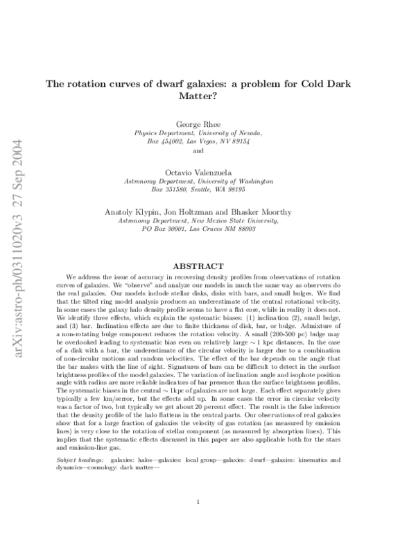 (PDF) The rotation curves of dwarf galaxies: a problem for Cold Dark ...