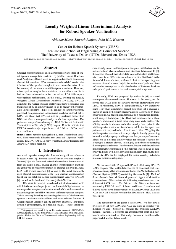 (PDF) Locally Weighted Linear Discriminant Analysis for Robust Speaker Verification