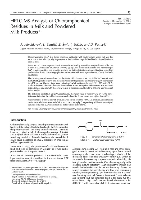 (PDF) HPLC-MS Analysis of Chloramphenicol Residues in Milk and Powdered Milk Products