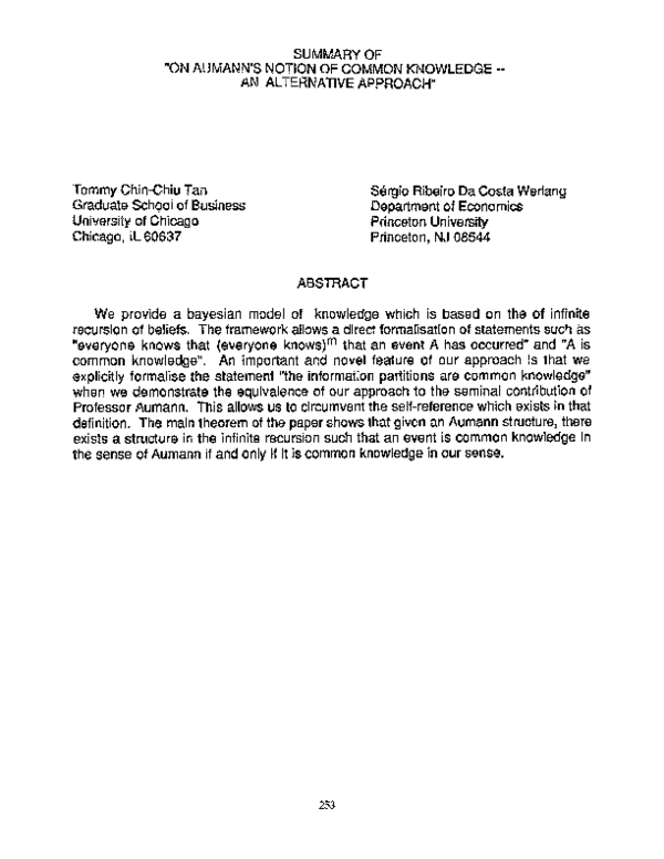 (PDF) Summary of on Aumann's notion of common knowledge: an alternative ...