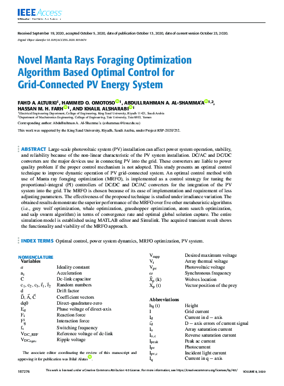 Pdf Novel Manta Rays Foraging Optimization Algorithm Based Optimal Control For Grid Connected