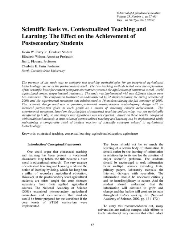 (PDF) Scientific Basis vs. Contextualized Teaching and Learning: The Effect on the Achievement ...