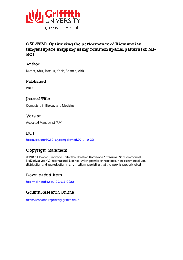 Pdf Csp Tsm Optimizing The Performance Of Riemannian Tangent Space Mapping Using Common