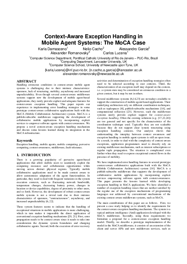 (PDF) Context-aware exception handling in mobile agent systems