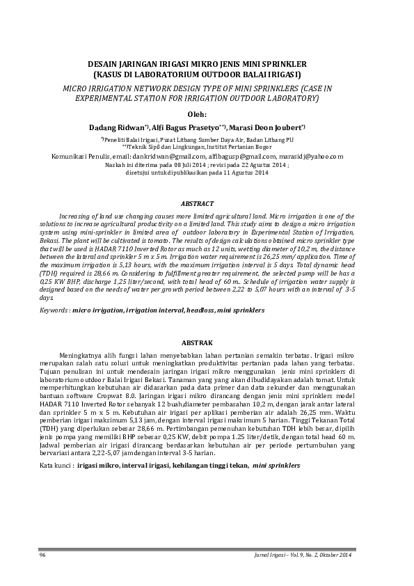 (PDF) Desain Jaringan Irigasi Mikro Jenis Mini Sprinkler (Kasus di ...