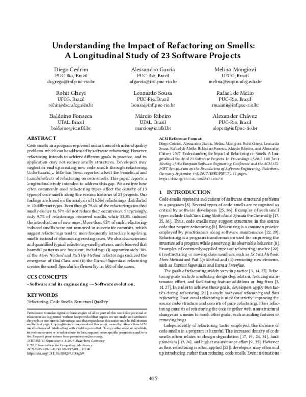 (PDF) Understanding the impact of refactoring on smells: a longitudinal study of 23 software ...