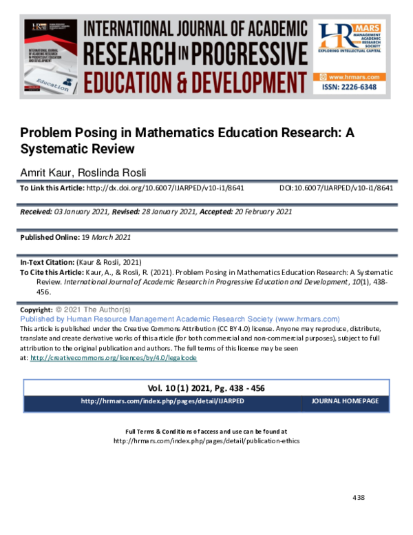 (PDF) Problem Posing in Mathematics Education Research: A Systematic Review