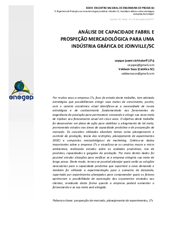 (PDF) Análise De Capacidade Fabril e Prospeção Mercadológica Para Uma ...