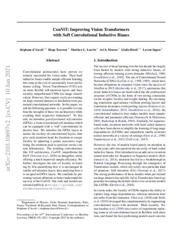(PDF) ConViT: Improving Vision Transformers with Soft Convolutional Inductive Biases