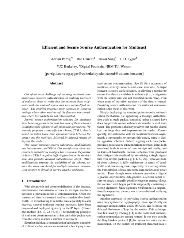 Pdf Efficient And Secure Source Authentication For Multicast