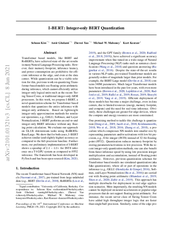 (PDF) I-BERT: Integer-only BERT Quantization