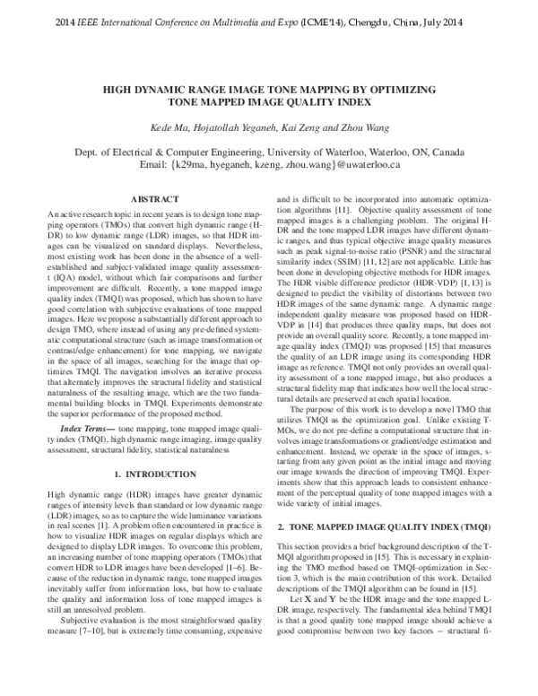 Pdf High Dynamic Range Image Tone Mapping By Optimizing Tone Mapped Image Quality Index