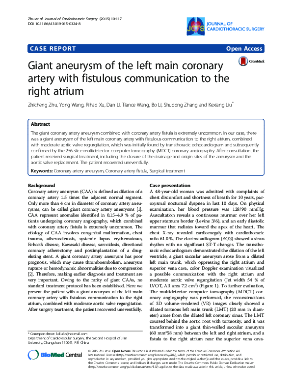 (PDF) Giant aneurysm of the left main coronary artery with fistulous ...