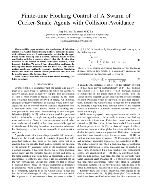 Pdf Finite Time Flocking Control Of A Swarm Of Cucker Smale Agents With Collision Avoidance