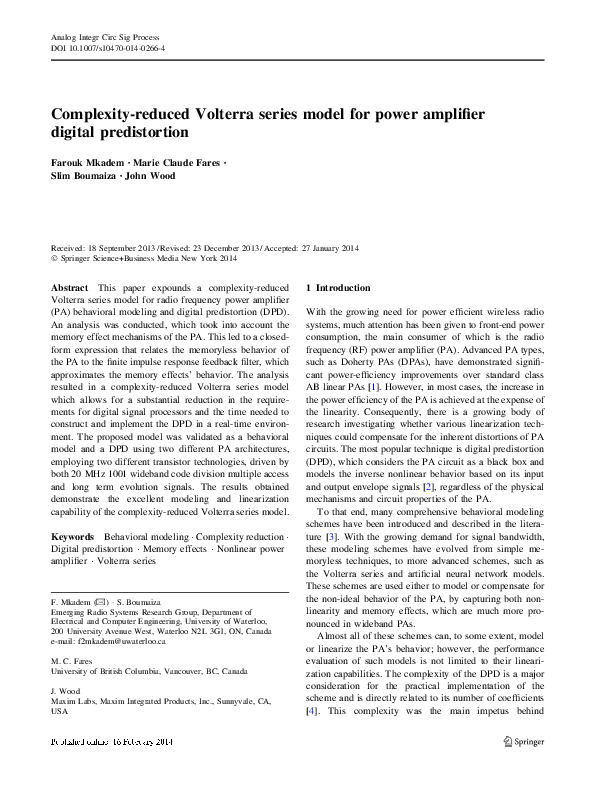 (PDF) Complexity-reduced Volterra series model for power amplifier digital predistortion