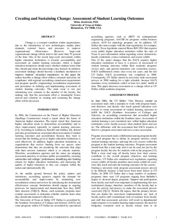 (PDF) Creating and Sustaining Change: Assessment of Student Learning ...