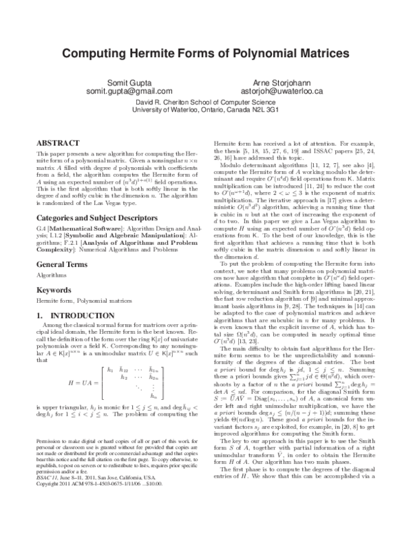 (PDF) Computing Hermite Forms of Polynomial Matrices